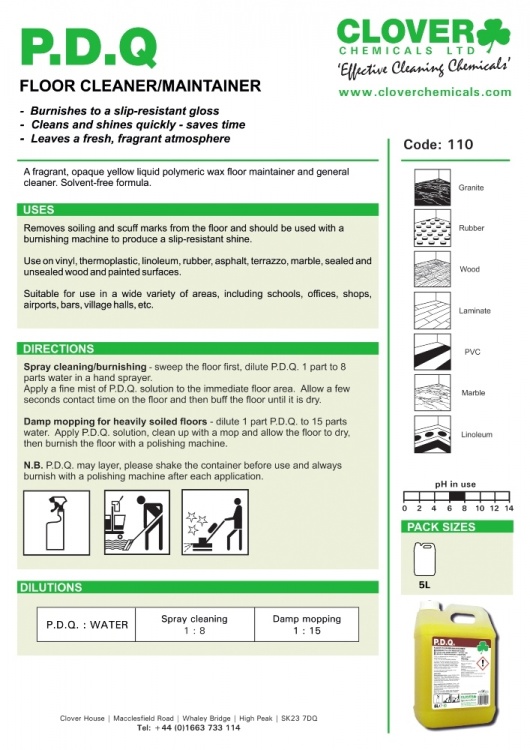 Clover Chemicals PDQ Floor Cleaner / Polish Maintainer 110