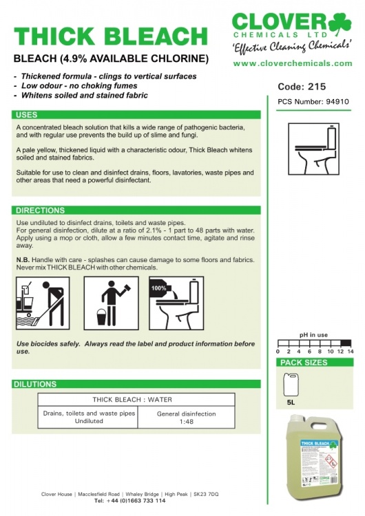 Clover Chemicals Thick Bleach 215 Concentrated Thickened Bleach