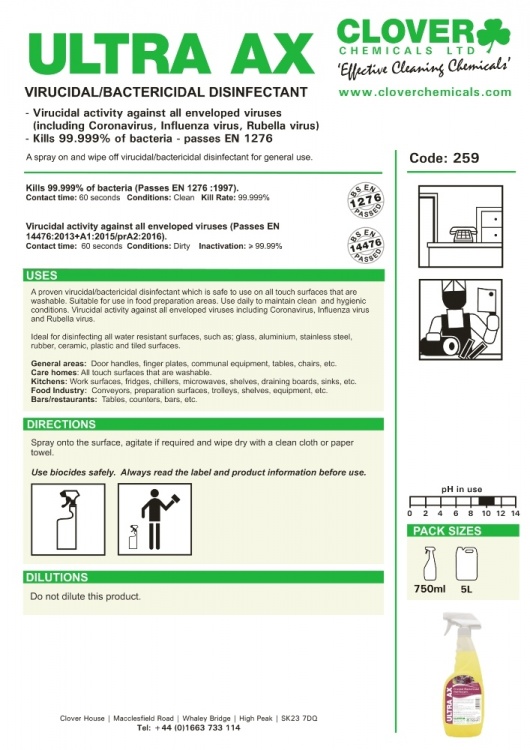 Clover Chemicals Ultra AX Virucidal and Bactericidal Disinfectant 259