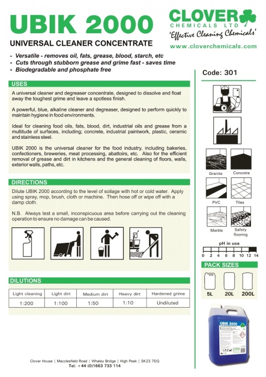 Clover Chemicals Ubik 2000 Universal Cleaner Concentrate 301