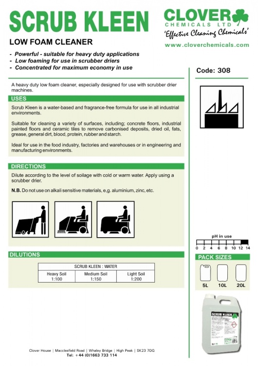 Clover Chemicals Scrub Kleen 308 Low Foam Cleaner