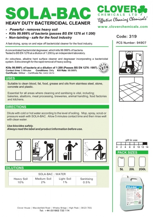 Clover Chemicals Sola-Bac Heavy Duty Bactericidal Cleaner 319