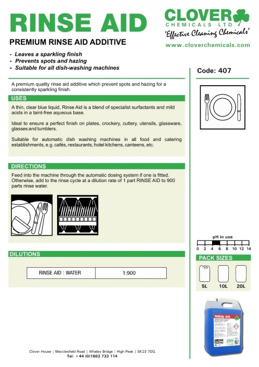 Clover Chemicals Rinse Aid - Premium Rinse Aid Additive 407