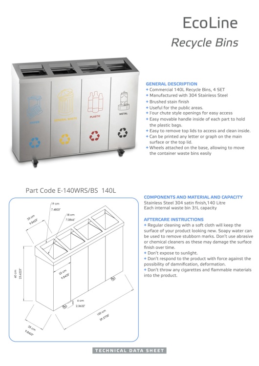 Ecoline Recycling Stainless Steel 150L Moveable Waste Bin