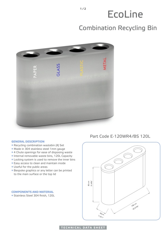 Ecoline Recycling Stainless Steel 120L Cylinder Waste Bin