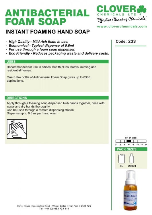 Clover Chemicals Antibacterial Foam Soap 233
