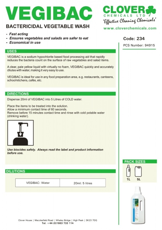 Clover Chemicals Vegibac - Bactericidal Vegetable Wash 234