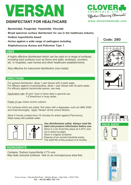 Clover Chemicals Versan Virucidal Broad Spectrum Surface Disinfectant 260