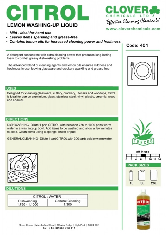 Clover Chemicals Citrol Lemon Washing Up Liquid 401