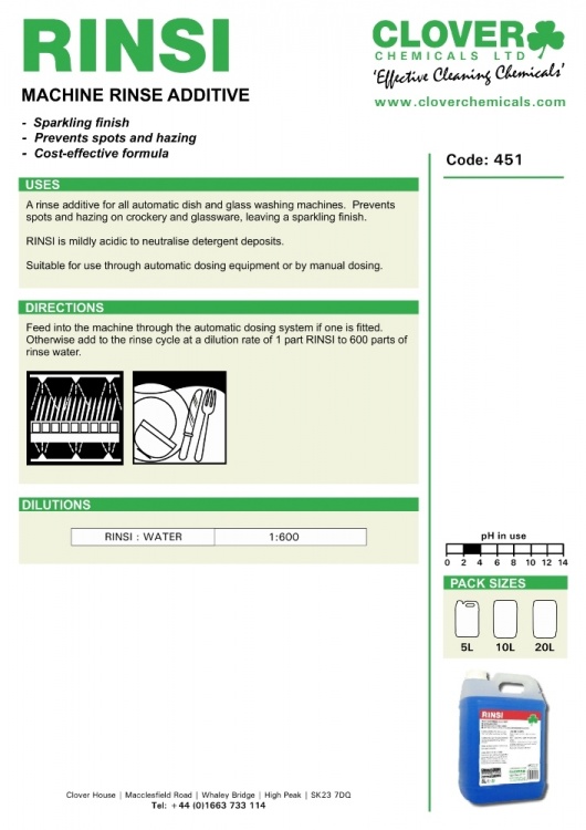 Clover Chemicals Rinsi Machine Rinse Additive 451