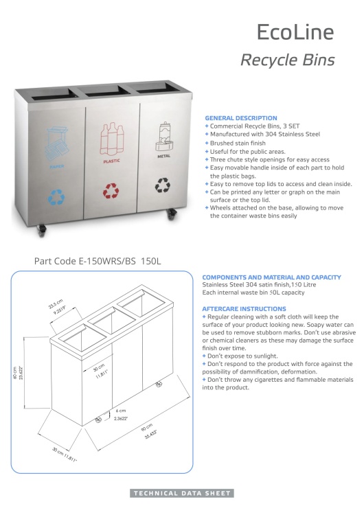 Ecoline Recycling Stainless Steel 150L Moveable Waste Bin
