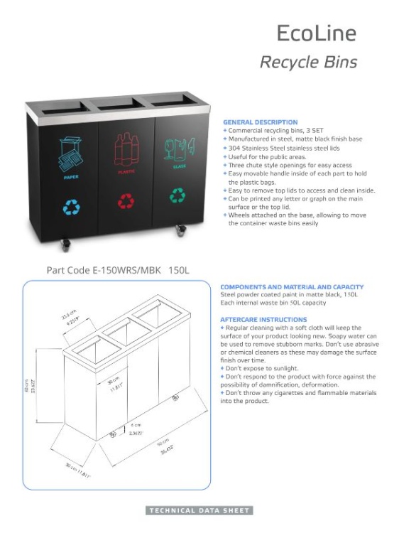 Ecoline Recycling 150L Matte Black Moveable Waste Bin