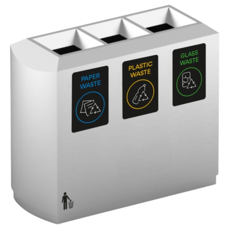 Ecoline Recycling Stainless Steel Rectangular 3 Chute Waste Bin