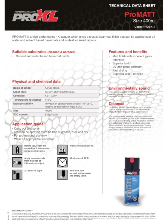 PROXL - Promatt Aerosol 400ml - 1K Matt Lacquer Finish