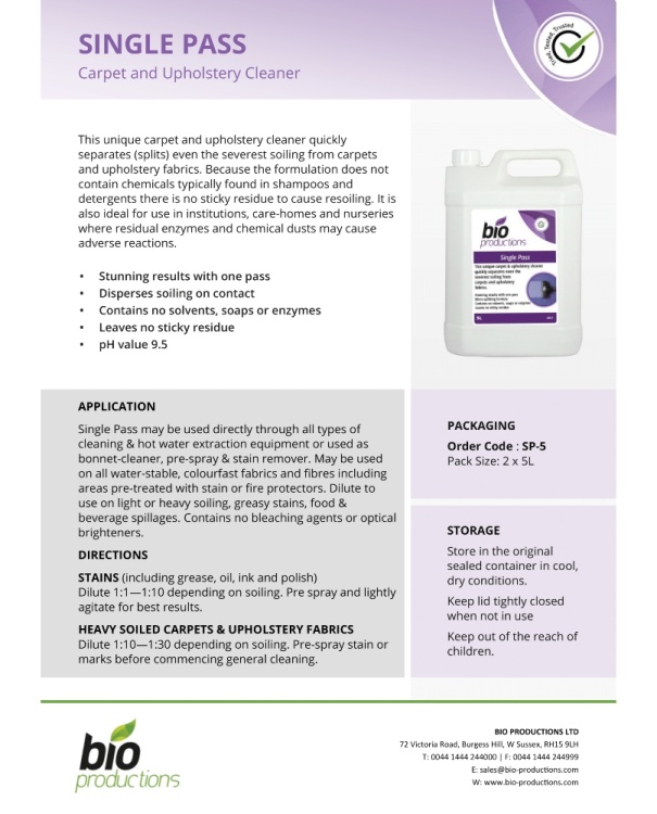 Bio Productions PREMIUM SINGLE PASS - Carpet Cleaner 5 Ltr