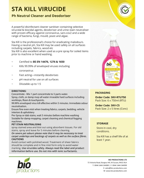 Bio Productions STA KILL - CONCENTRATE - Viracide/Biocidal Cleaner ...